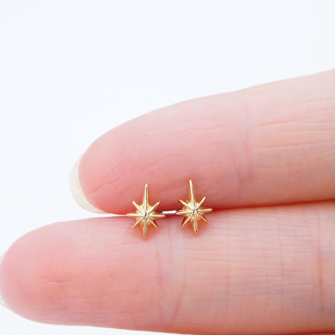 14K Solid Gold Star Burst Cartilage Stud Earrings Tiny Star Stud Threadless Push Pin Simple ...