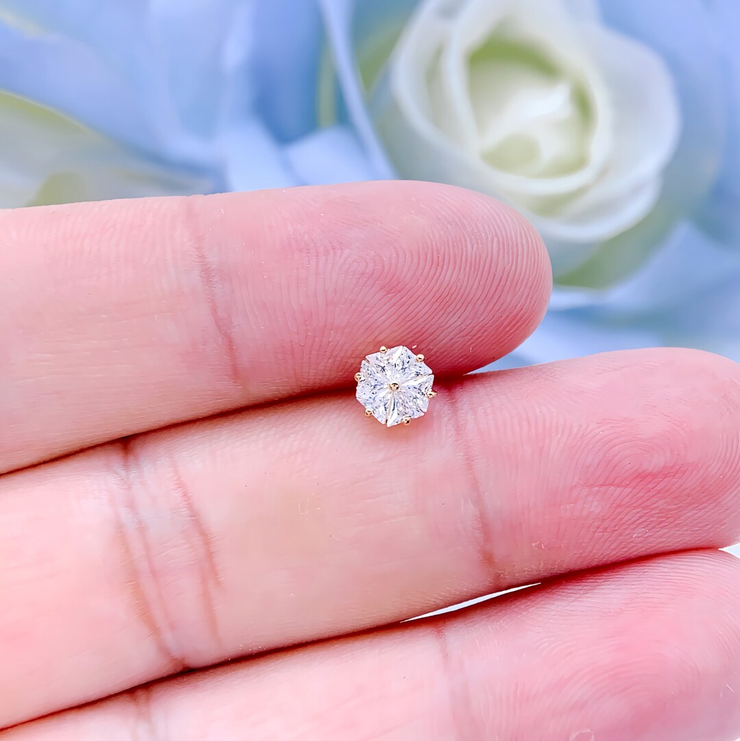 14K Gold Hexagonal Diamond Stud Earrings Back Push in Flat Back Cartilage Earrings Gold Conch ...