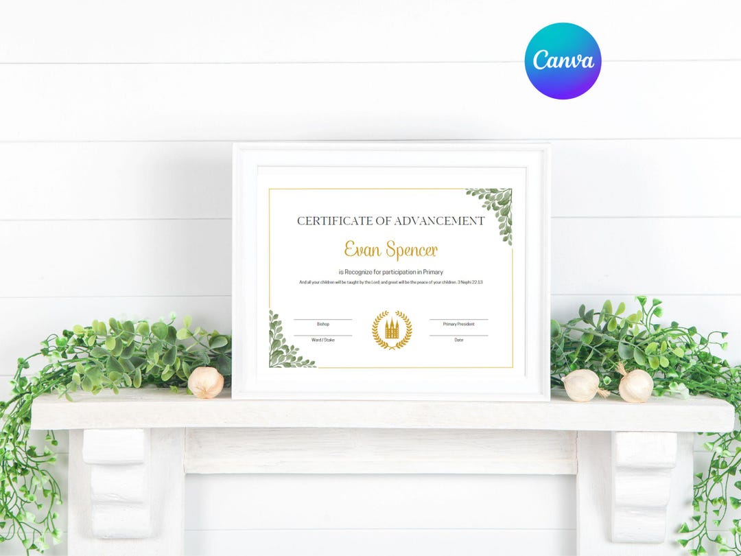 LDS Primary Certificate Template - Editable With CANVA Free Account - Etsy