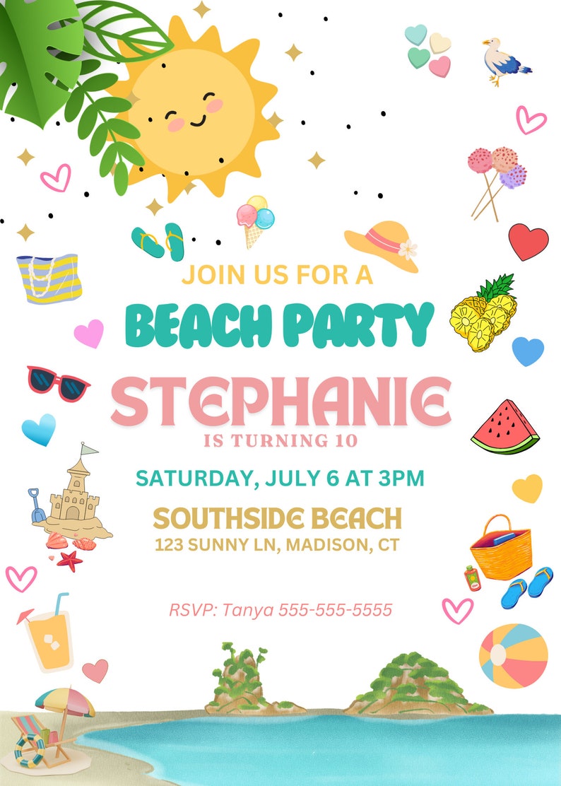 Sunny Beach Bash Birthday Invitation Tropical Beach Party Birthday ...
