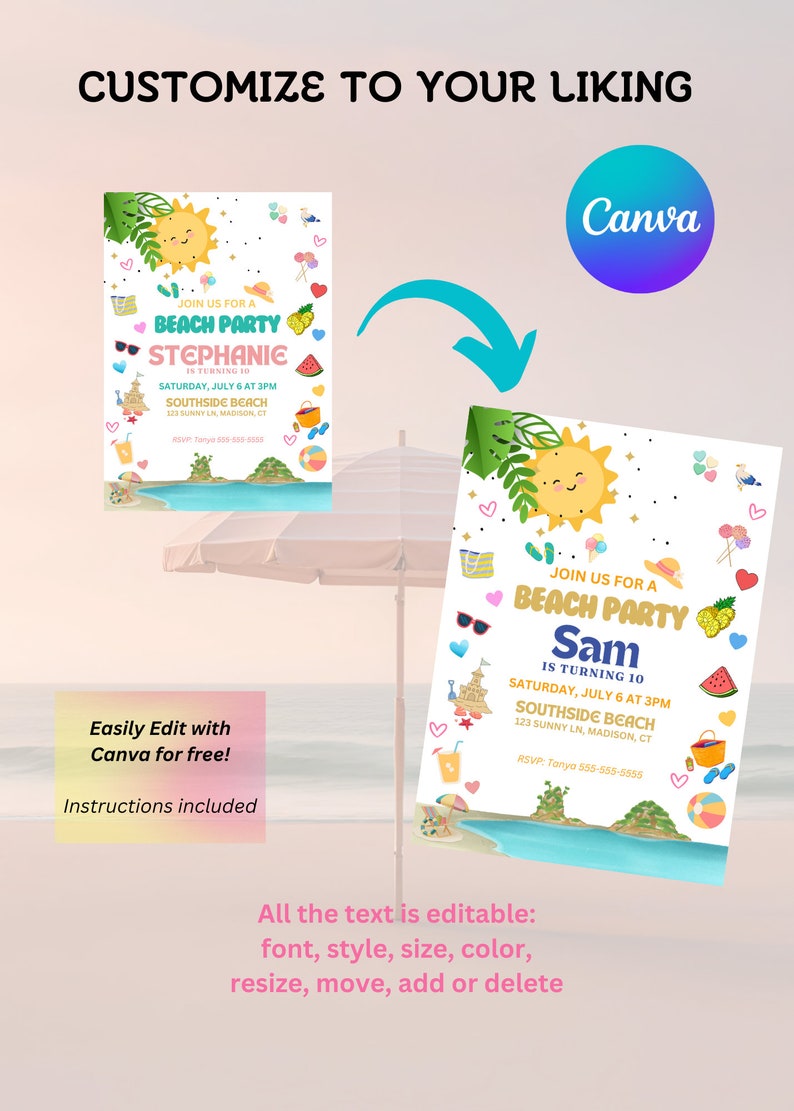 Sunny Beach Bash Birthday Invitation Tropical Beach Party Birthday ...