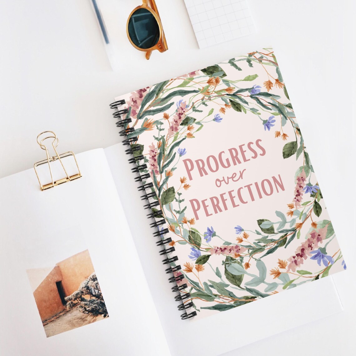Floral Spiral Notebook - Progress Over Perfection, Cute Journal, Gift ...