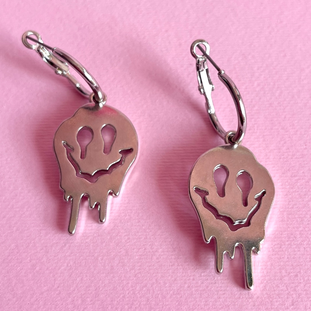 Goth Smiley Face Earrings Punk Goth Earrings Emo Jewelry Silver Hoop ...