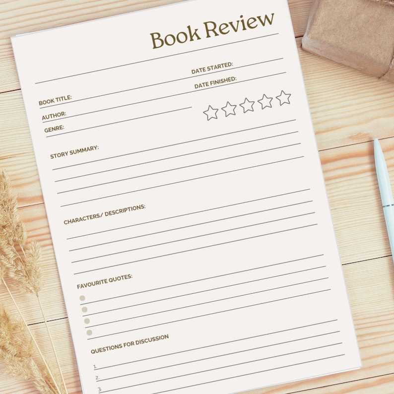 Book Review Printable A4 Template Book Club Companion Colour and Black ...