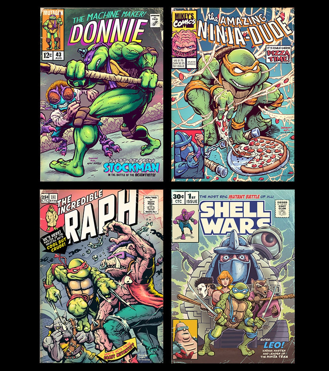 COWA-BUNDLE! Four 12" X 18" Poster Prints Ninja Turtles Vintage Style ...