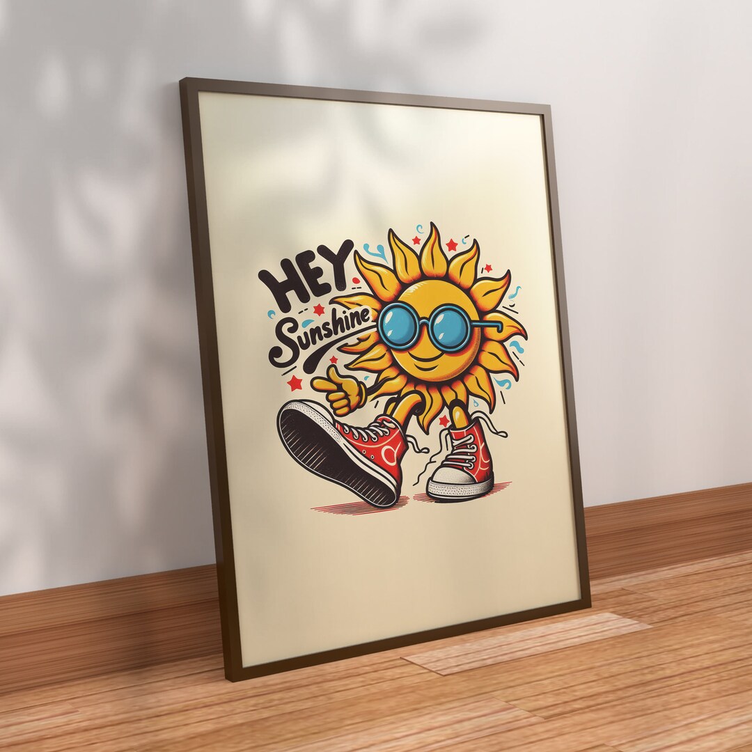Hey Sunshine Sun Retro Character Wall Art, Good Vibe Sun, Digital ...