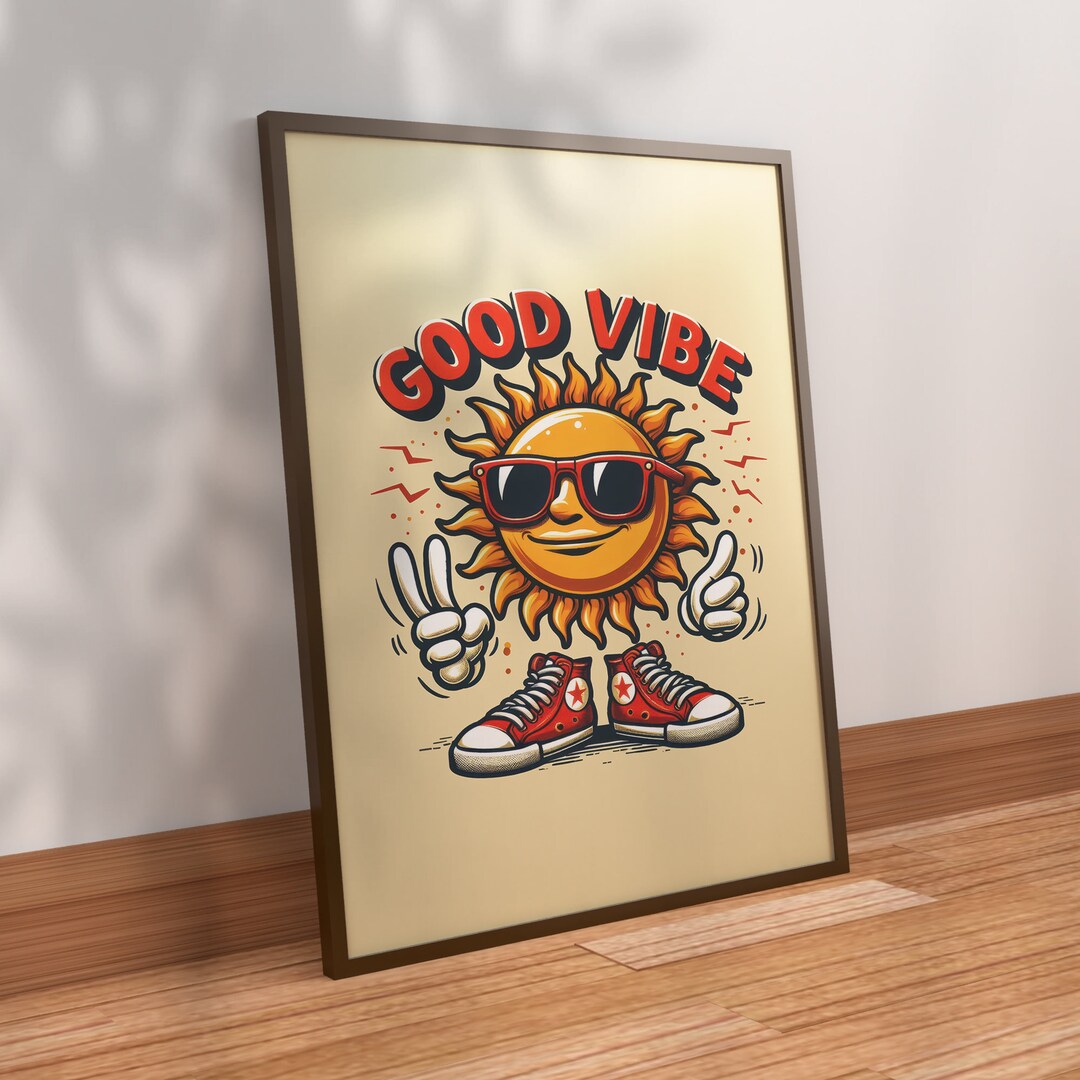 Good Vibe Sun Retro Character Wall Art, Groovy Sun Poster, Digital ...