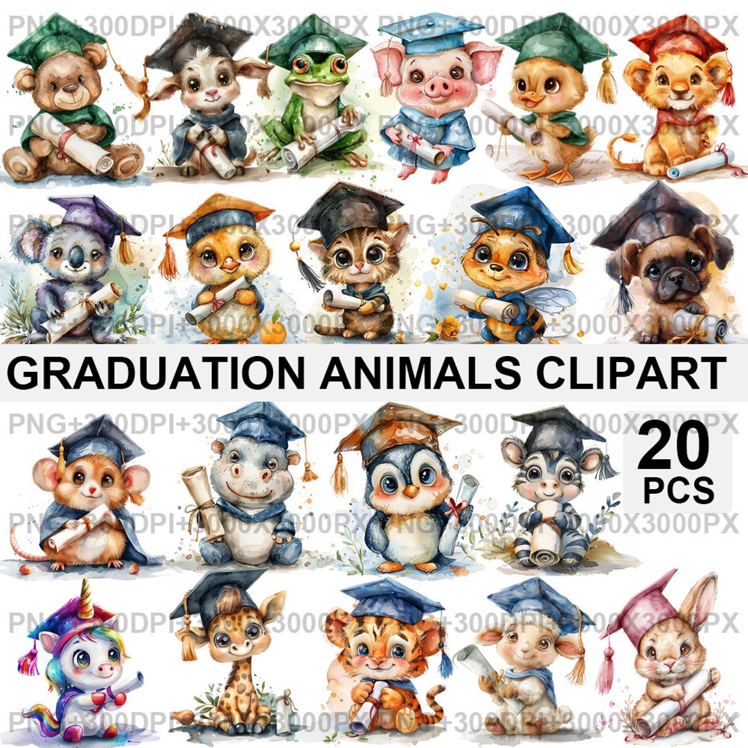 20 PNG Animals Clipart, Watercolor Cute Graduation Animals Clipart ...