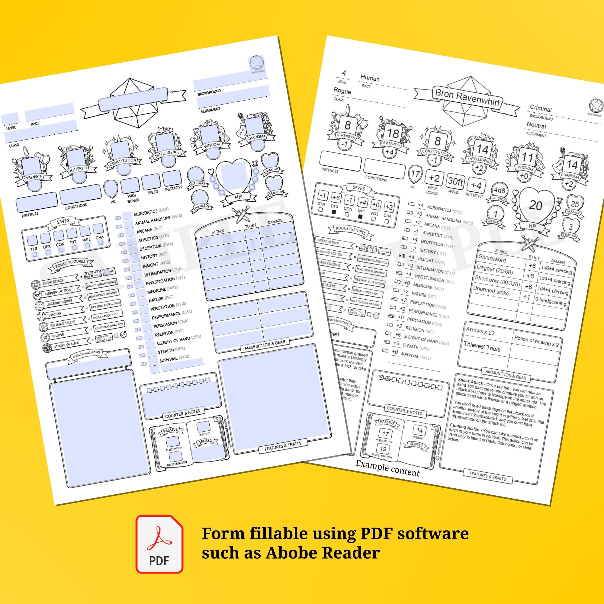 Dnd 5e Character Sheet for Rogue Class A4 Fillable Wanderingpaladin ...
