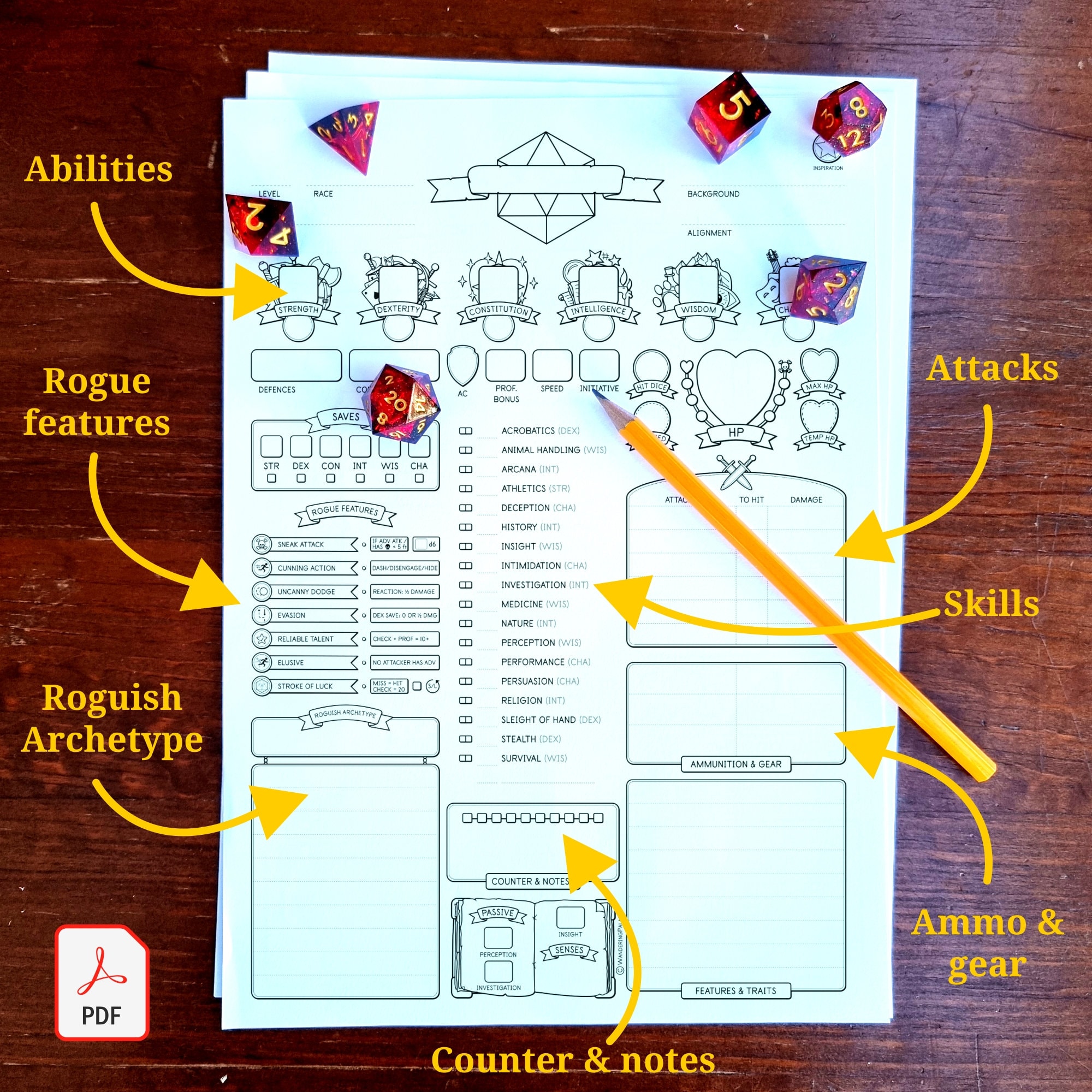 Dnd 5e Character Sheet for Rogue Class A4 Fillable Wanderingpaladin ...