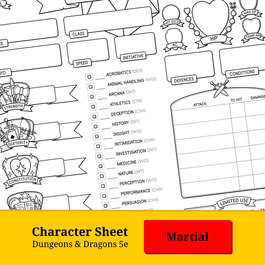 Dnd 5e Character Sheet for Martial Classes Fighter Barbarian Rogue Monk ...