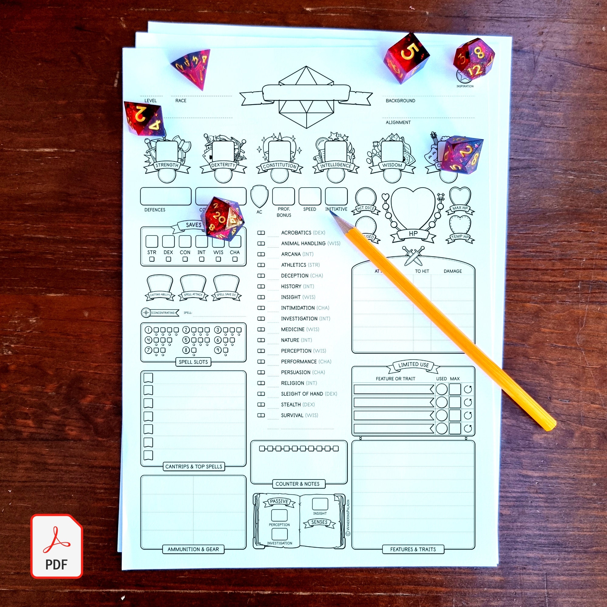 Dnd Character Sheet for Spellcaster Wizard Warlock Paladin Sorcerer ...