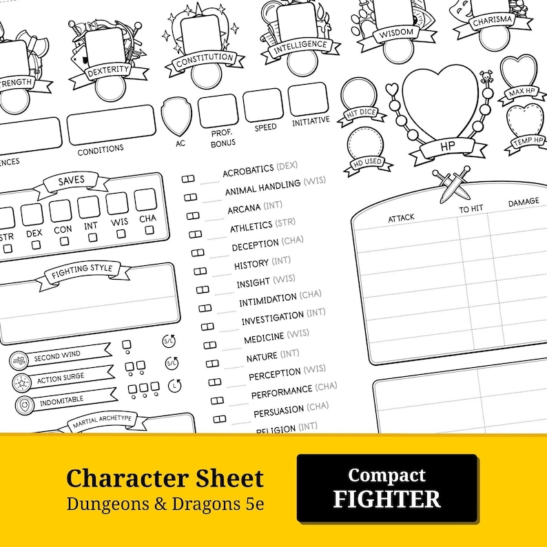 Dnd Character Sheet for Fighter Class Compact Design A4 Fillable ...