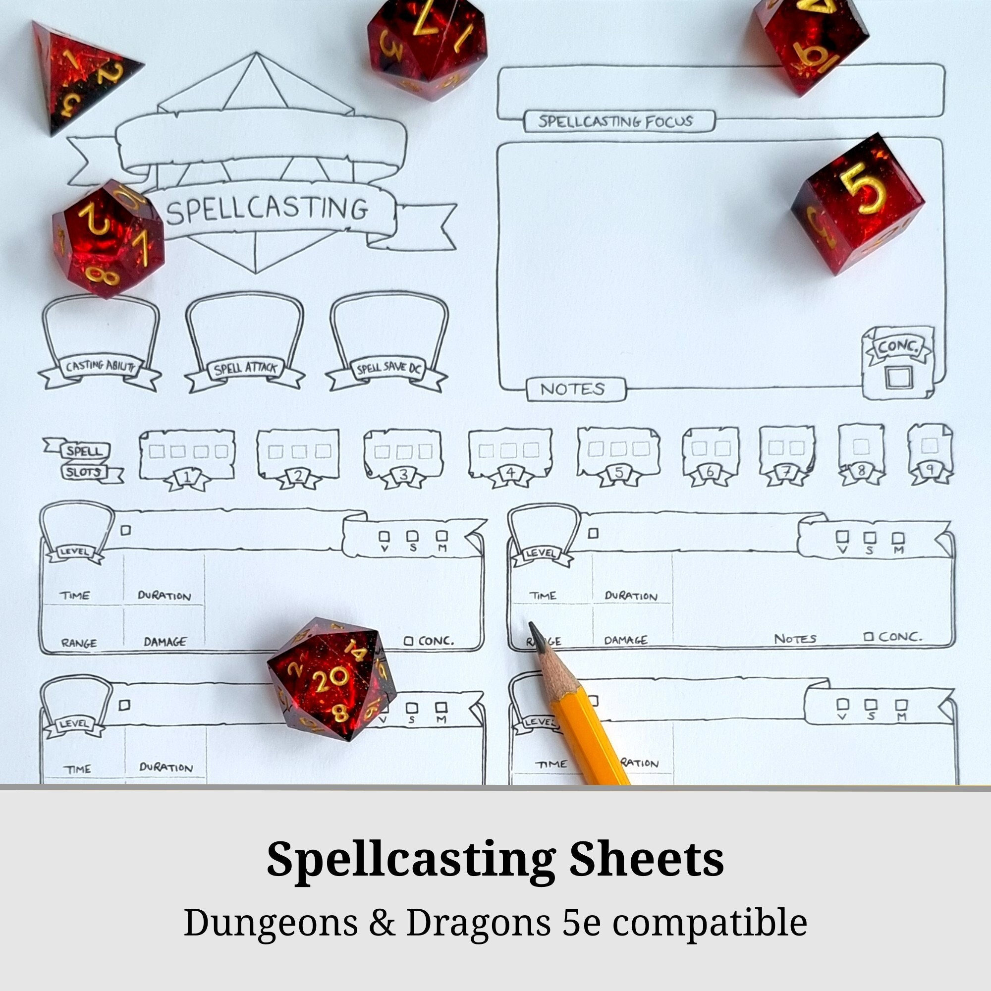 Dnd Spellcaster Spell List Sheets Hand Drawn Style for D&D 5e ...