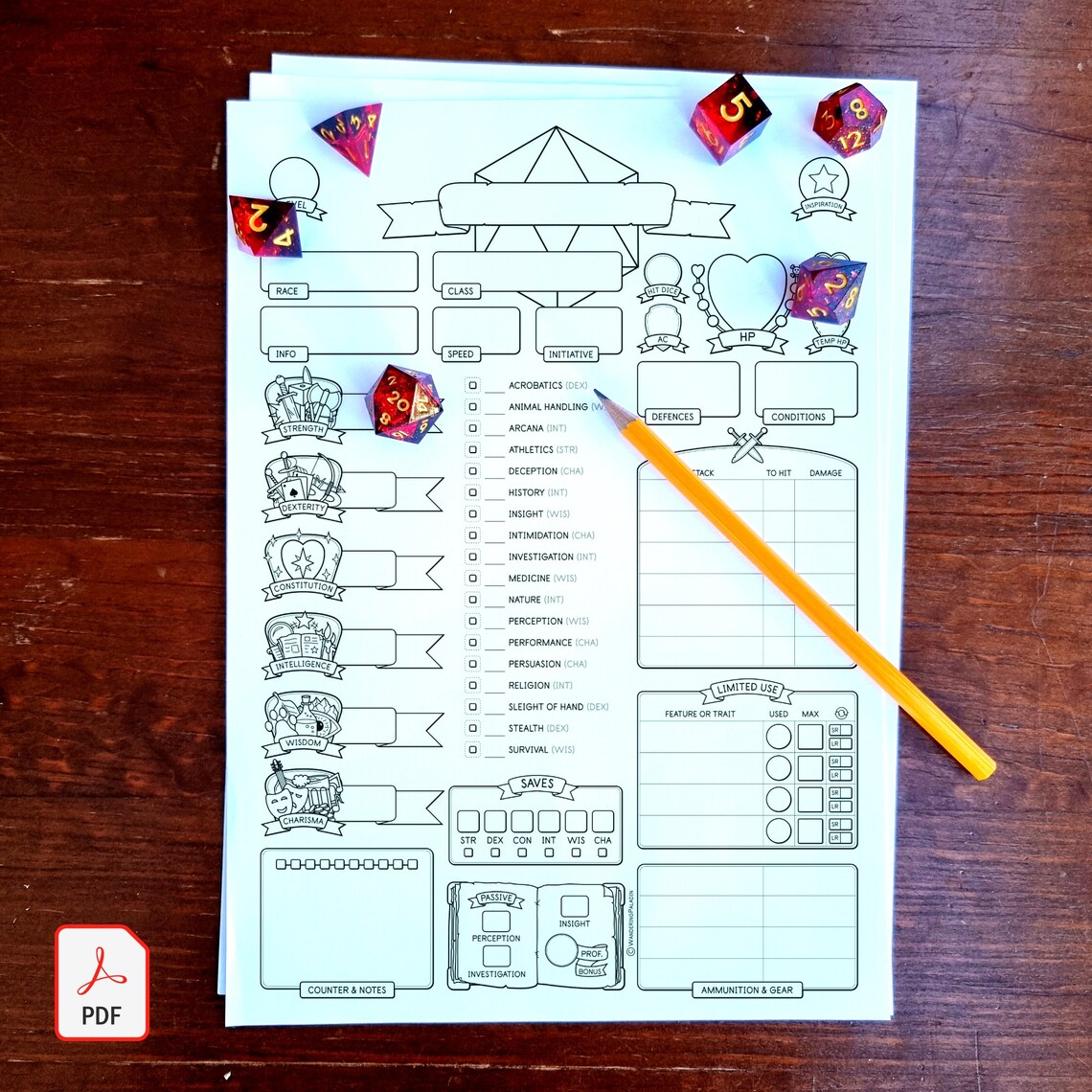Dnd 5e Character Sheet for Martial Classes Fighter Barbarian Rogue Monk ...
