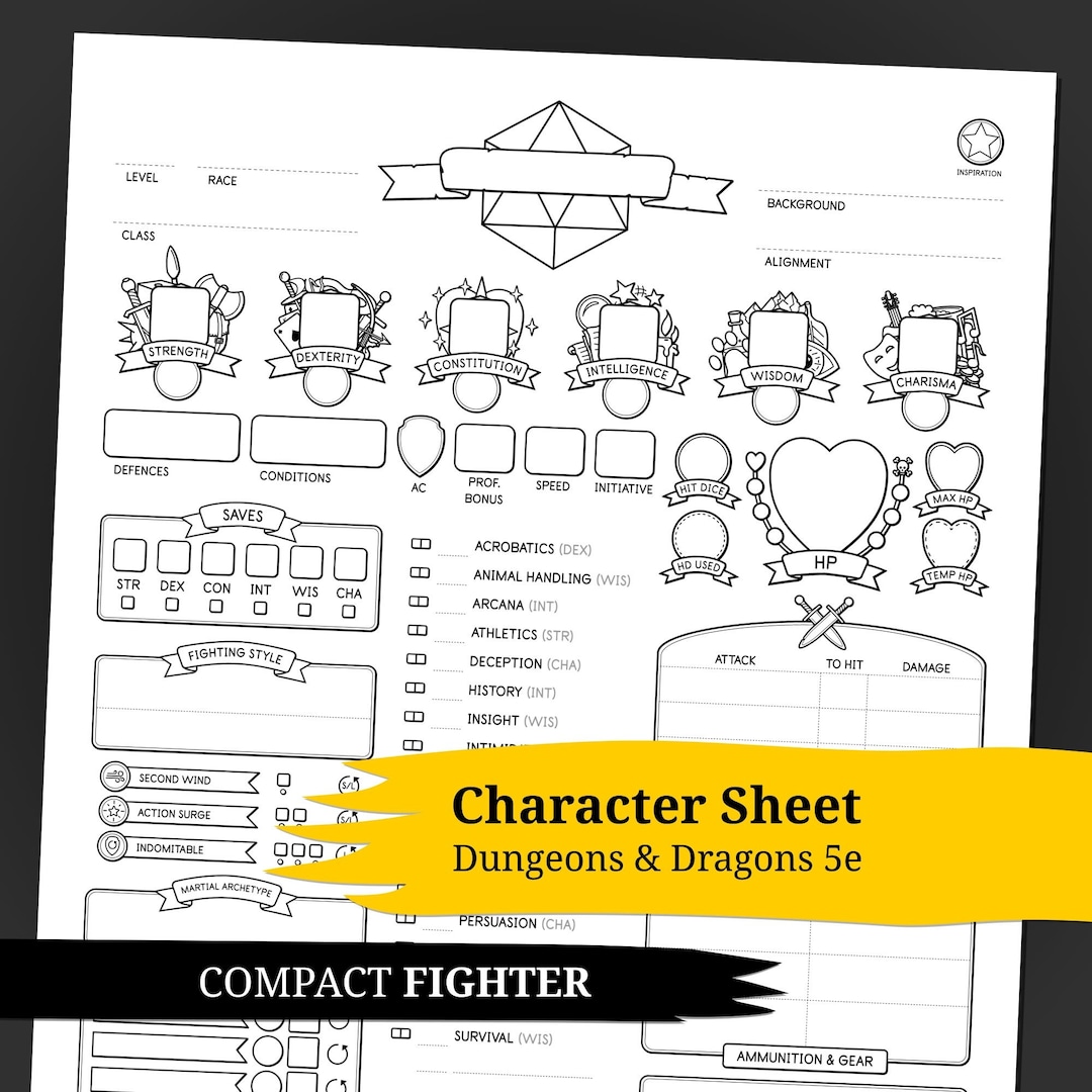 Dungeons & Dragons 5e Character Sheet for Fighter Class Compact Design ...