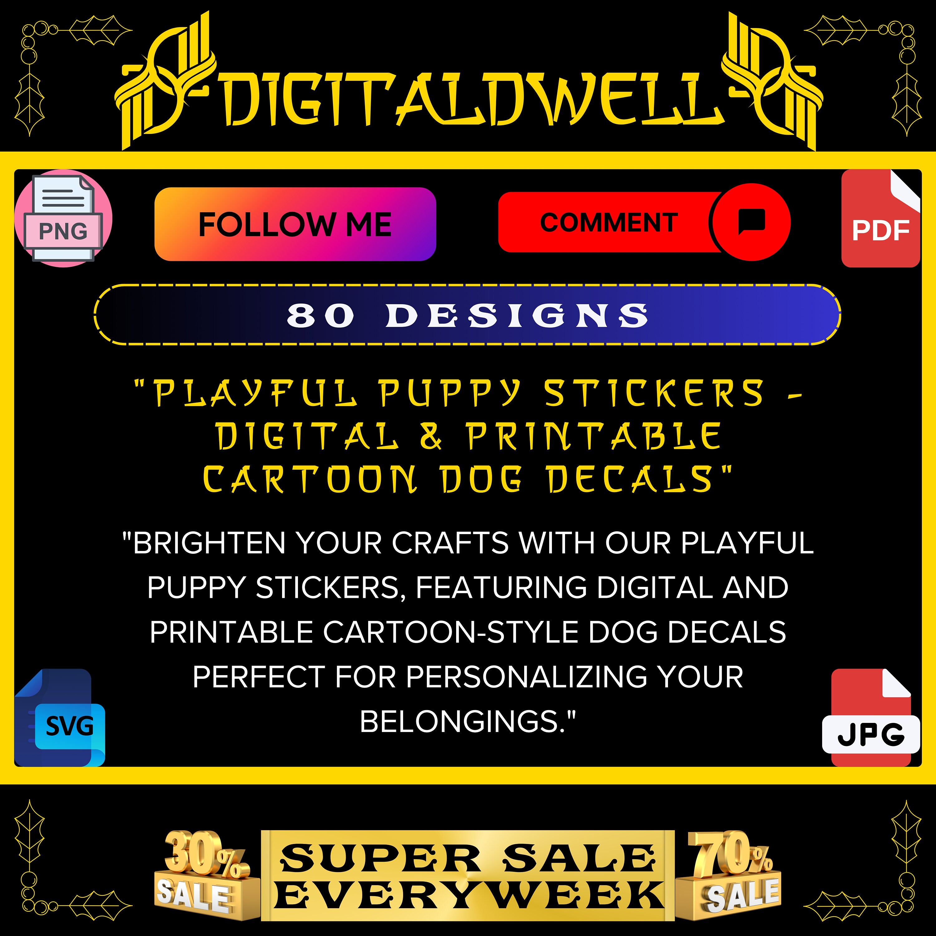 Playful Puppy Digital Stickers: 80 Cartoon-style Animal Decals for ...