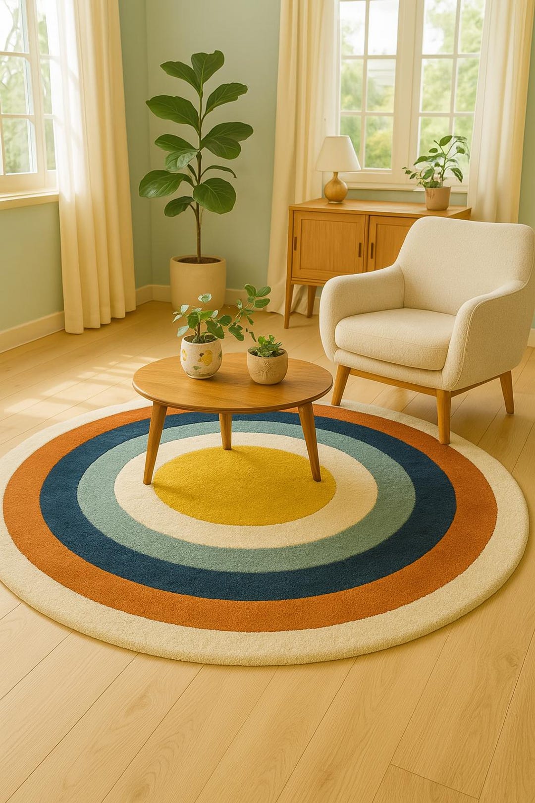 Colorful Round Boho Rug – Mustard Yellow, Rust & Teal Concentric Circle ...