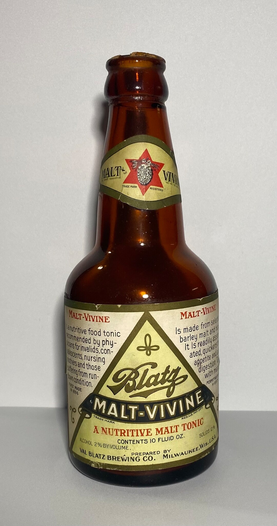 1930s Prohibition Era Val BLATZ Malt-vivine Malt Tonic Bottle With ...