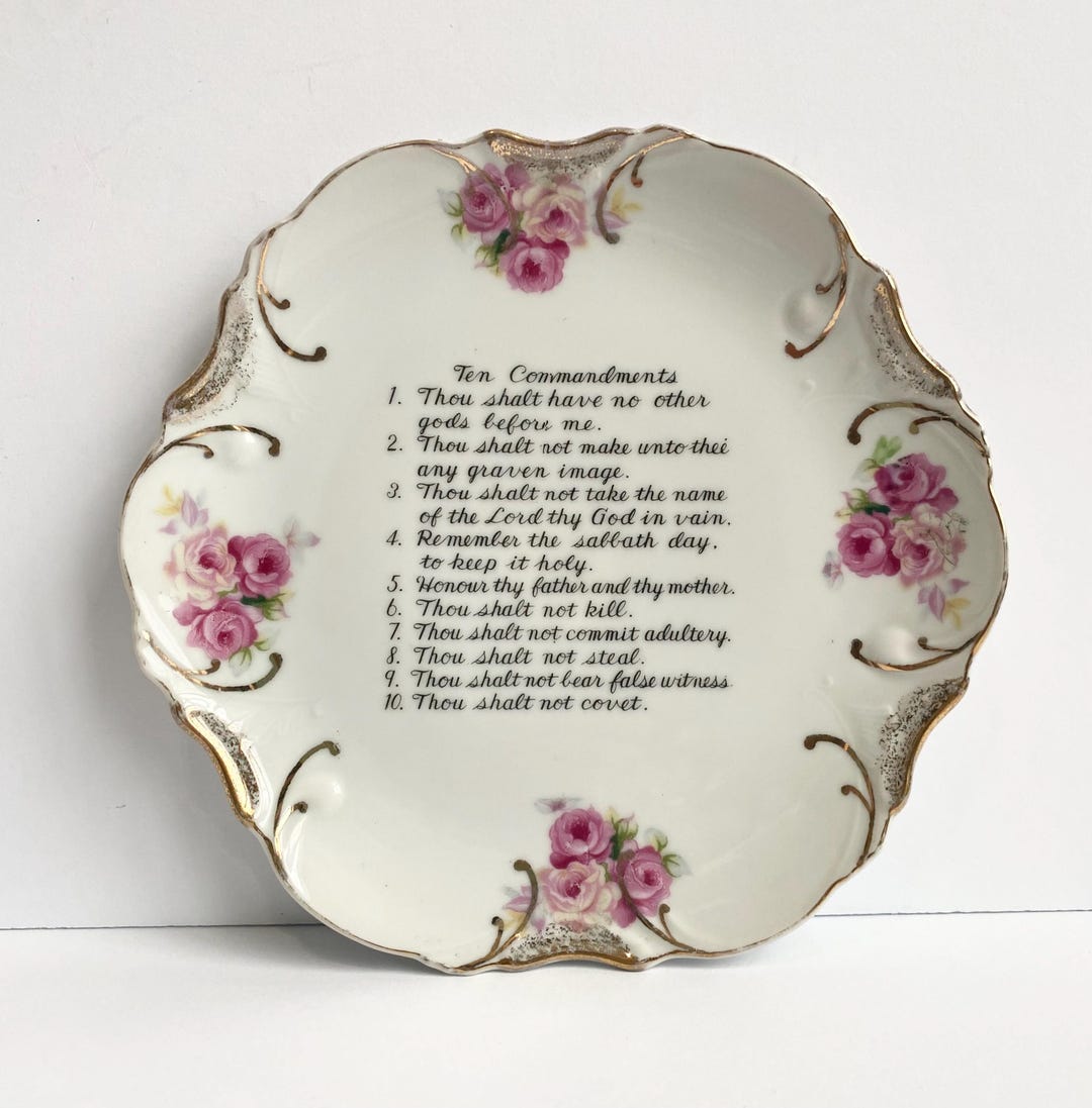 Vintage Ten Commandments 8” Floral Porcelain Wall Plate Scalloped Edge ...