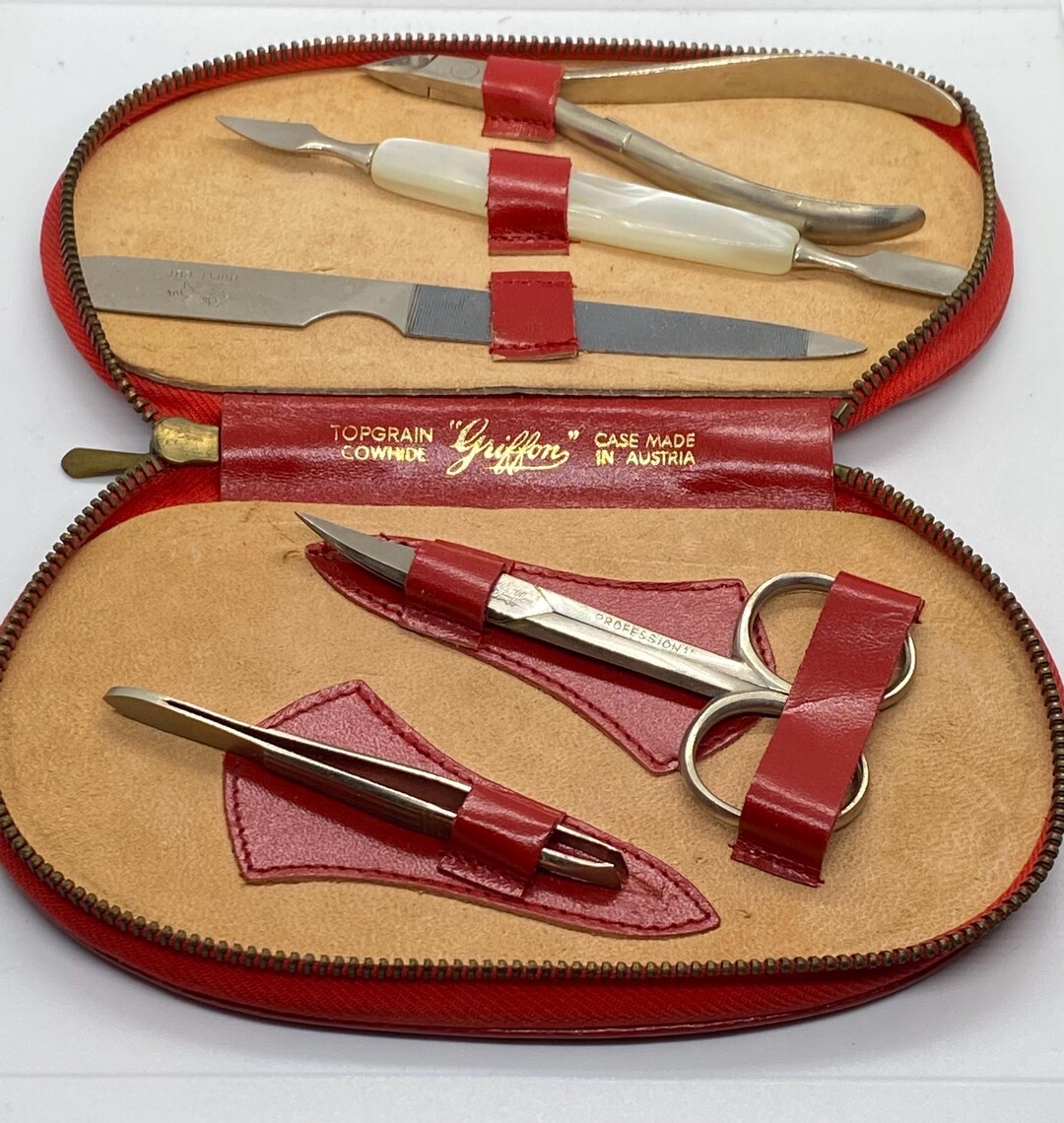Vintage GRIFFON 5 Pc Manicure Kit Set in Austrian Red Leather Case ...