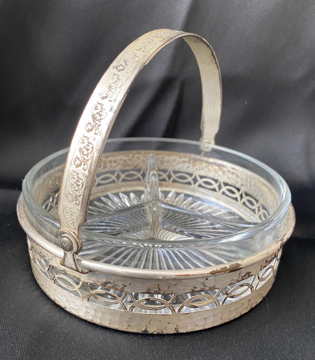 Vintage 1920s Glass Relish Divided Bowl With Silver Plated Holder and ...