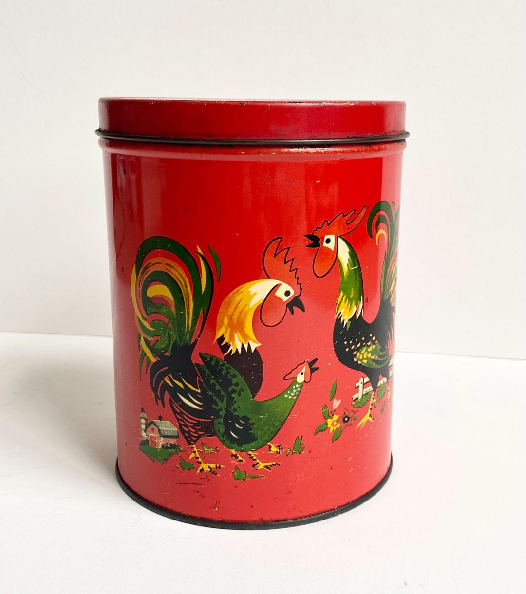 Vintage Rooster Canister Tin Red Cylinder Storage Container Chicken ...