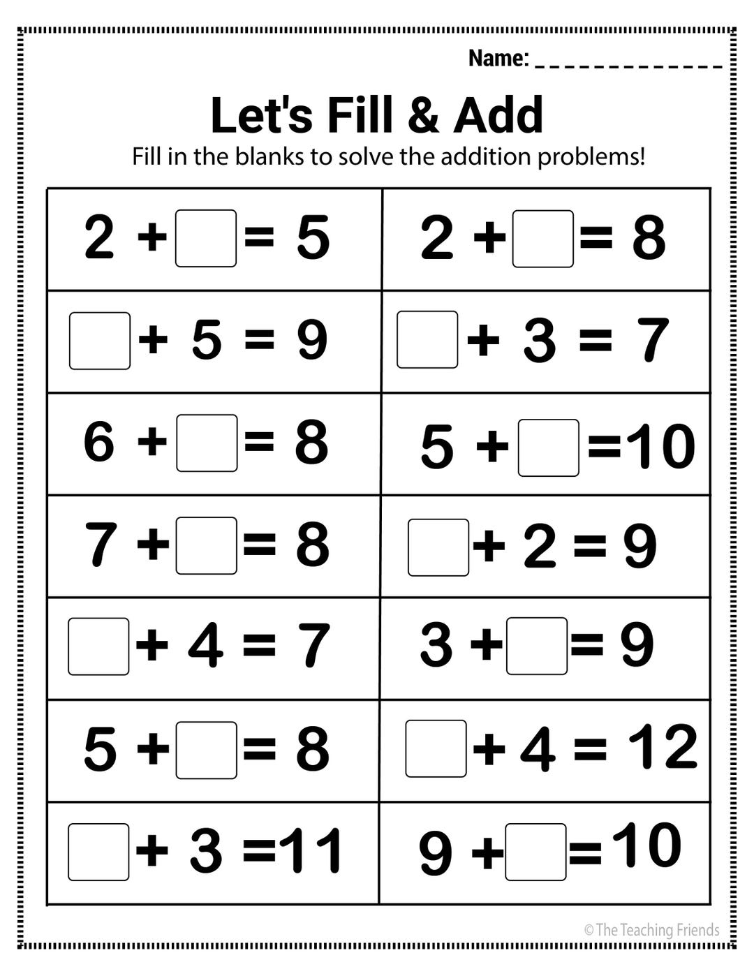 15 Printable Addition Fill in the Blanks Worksheets | Numbers 1-20 | Kindergarten, 1st & 2nd ...