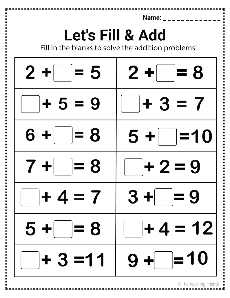 15 Printable Addition Fill in the Blanks Worksheets | Numbers 1-20 ...