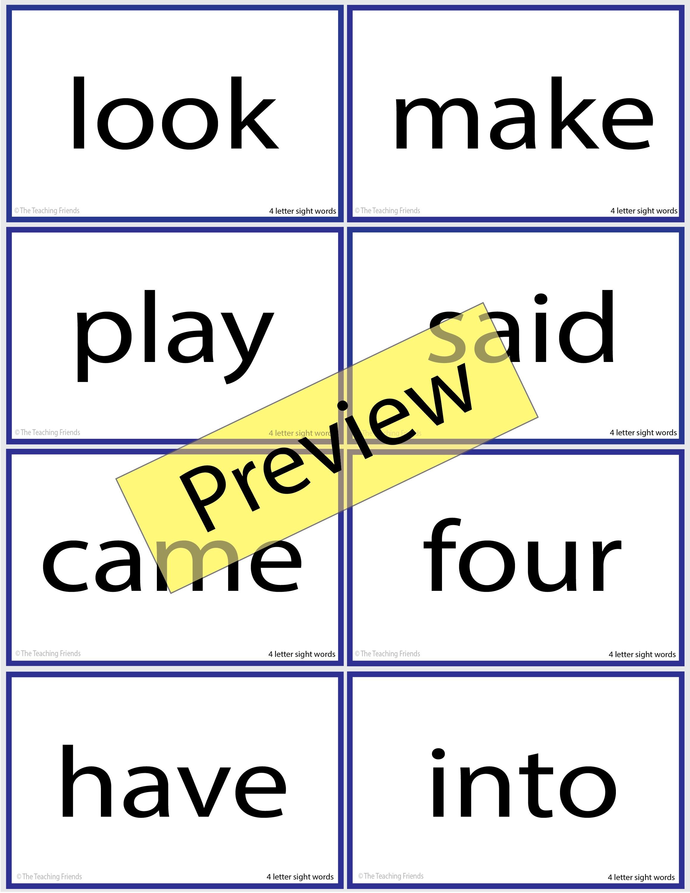 Sight Word Practice Flash Cards | 4-letter Sight Words for Kindergarten ...