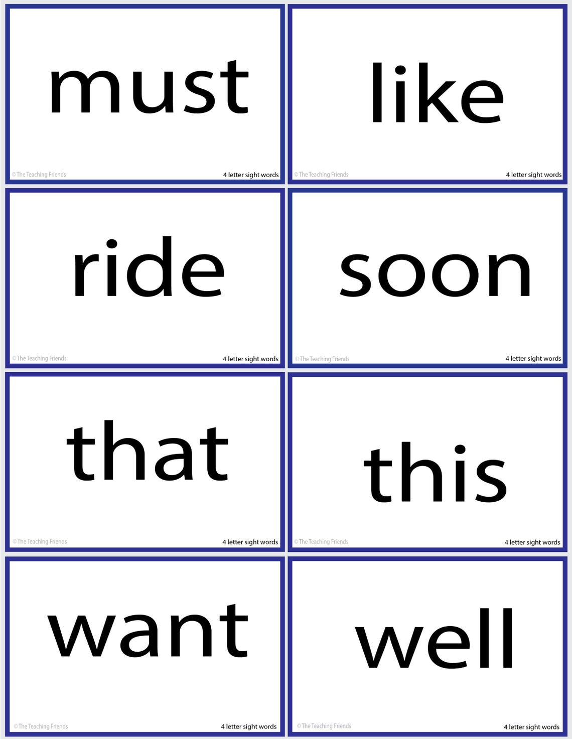Sight Word Practice Flash Cards | 4-letter Sight Words for Kindergarten ...