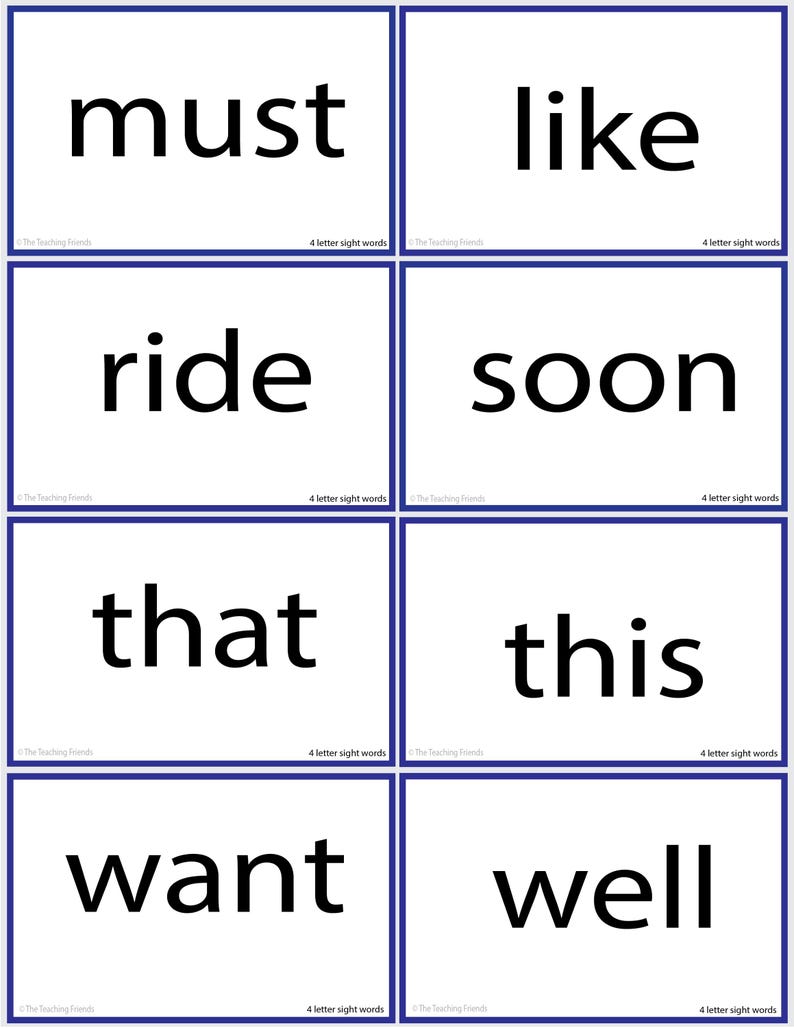 Sight Word Practice Flash Cards | 4-letter Sight Words for Kindergarten ...