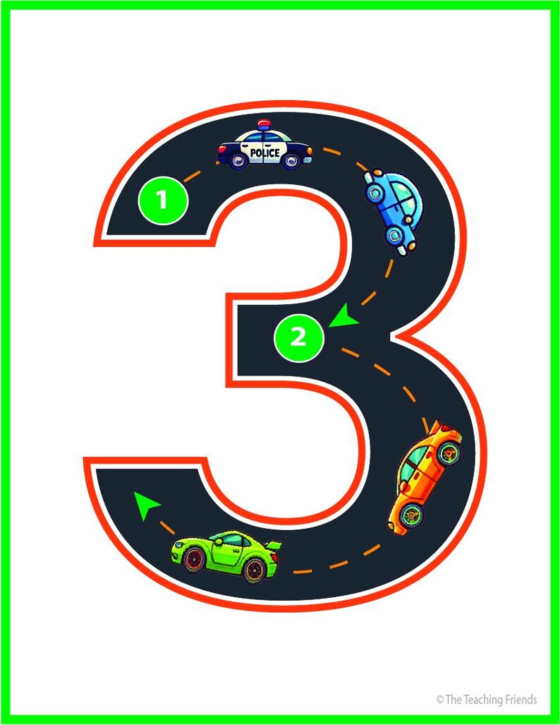 Number Tracing Roads Flashcards Car Counting Practice Montessori Math ...