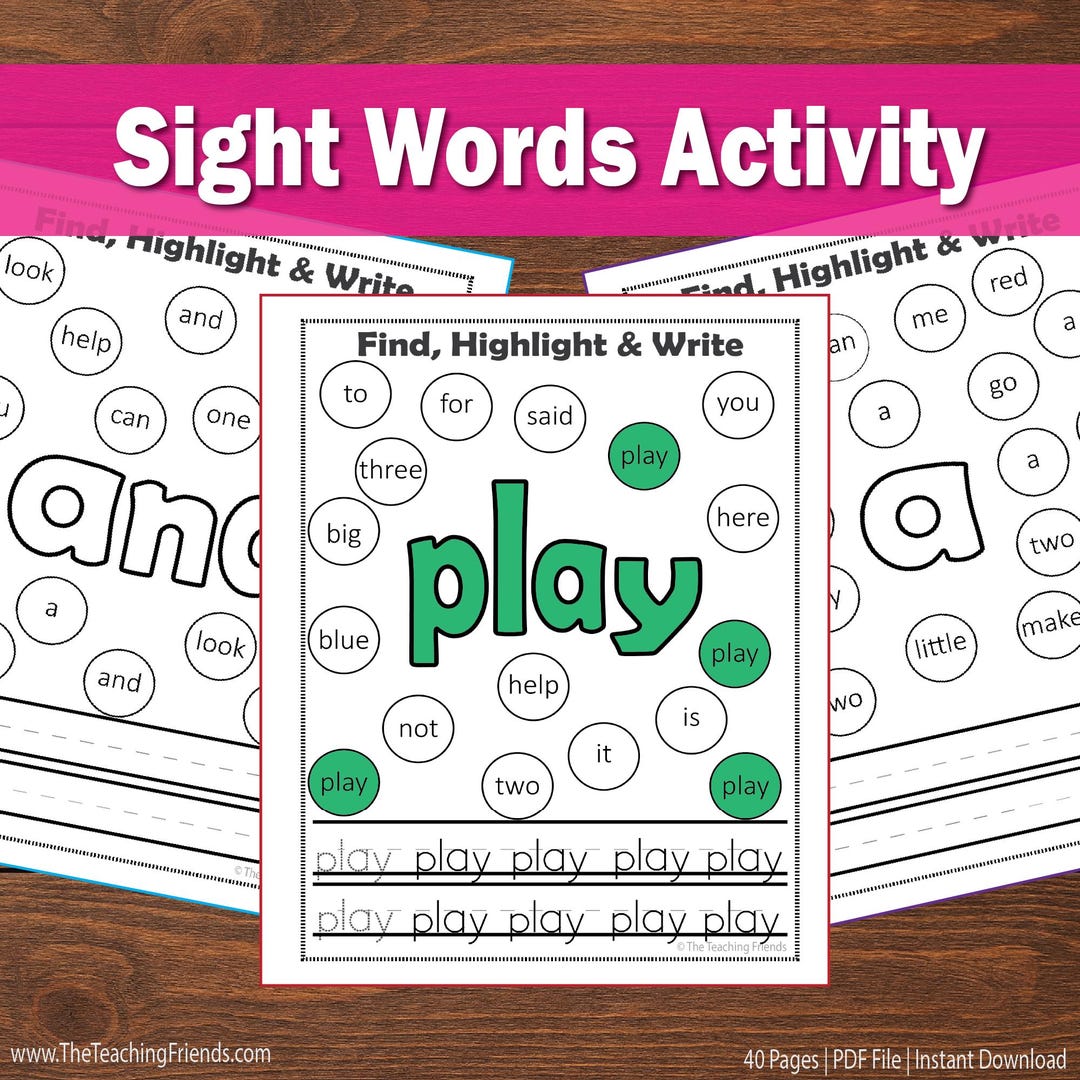 Dolch Sight Words Activity: Find, Highlight, Write - Pre-primer (PDF ...