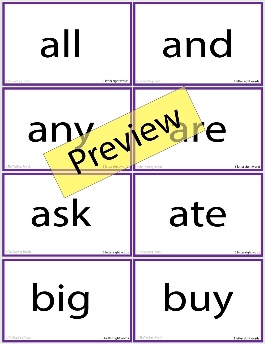 Sight Word Practice Flash Cards | 3-letter Sight Words for Kindergarten ...