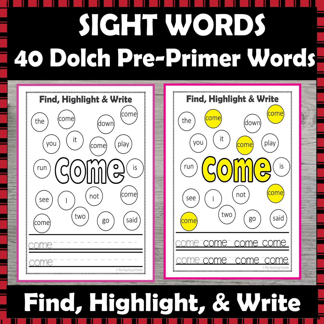 Sight Words Find Highlight Write 40 Dolch Pre-primer Words Kindergarten ...