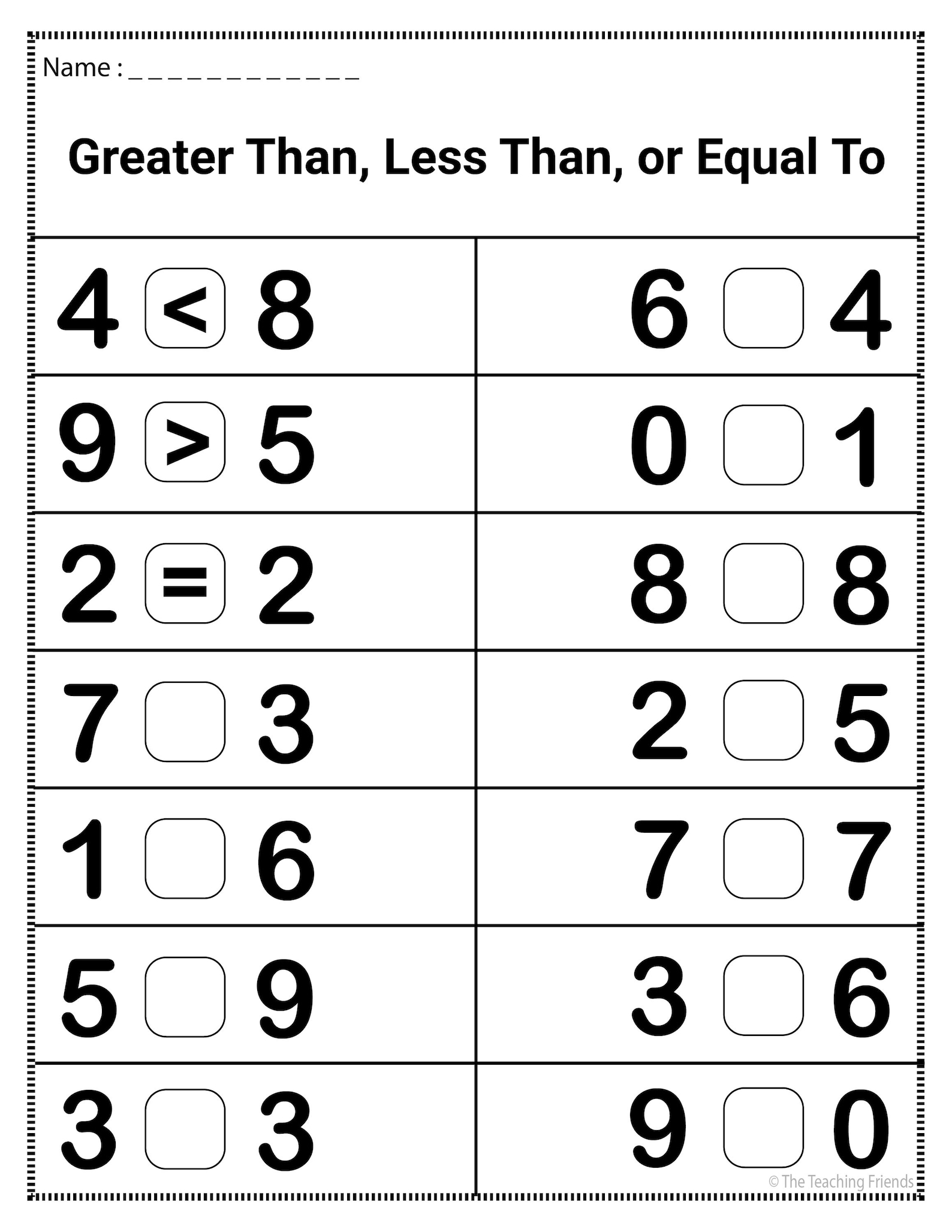 Number Comparison Worksheets: Greater Than, Less Than, Equal to (PDF ...