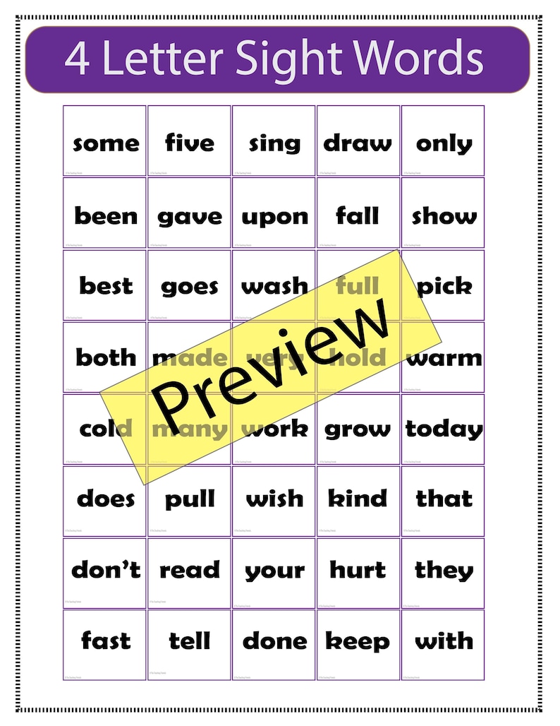 Sight Word Practice Flash Cards | 4-letter Sight Words for Kindergarten ...