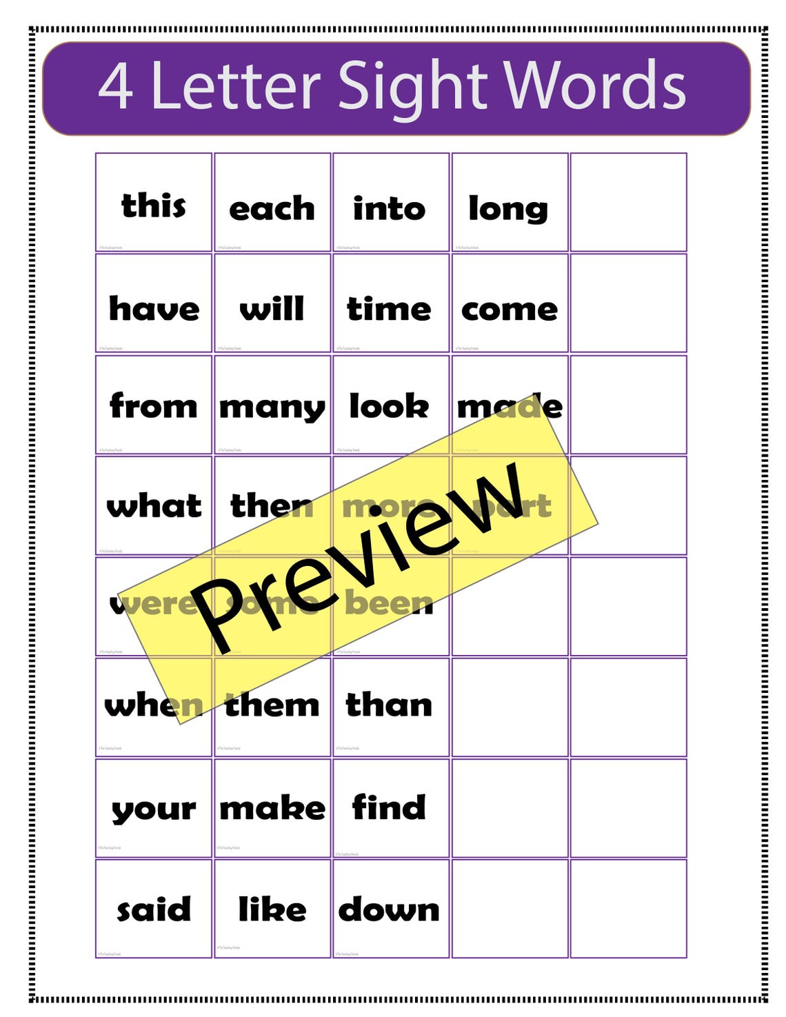 Sight Word Practice Flash Cards | 4-letter Sight Words for Kindergarten ...