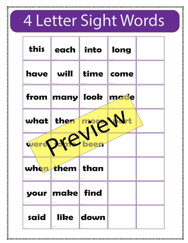 Sight Word Practice Flash Cards | 4-letter Sight Words for Kindergarten ...