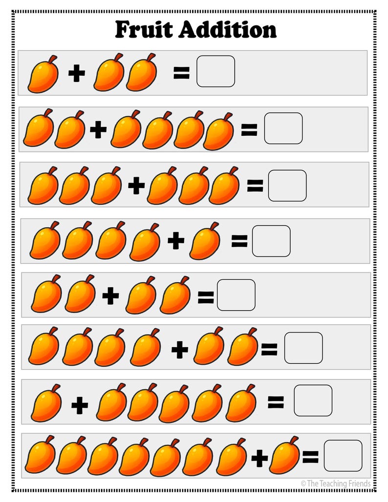 Fruit Addition Worksheets for Kindergarten and 1st Grade Fun Counting ...