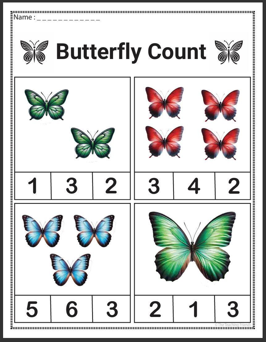 Butterfly Counting Clip Cards 1-20, Preschool and Kindergarten Math ...