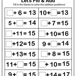 15 Printable Addition Fill in the Blanks Worksheets | Numbers 1-20 ...
