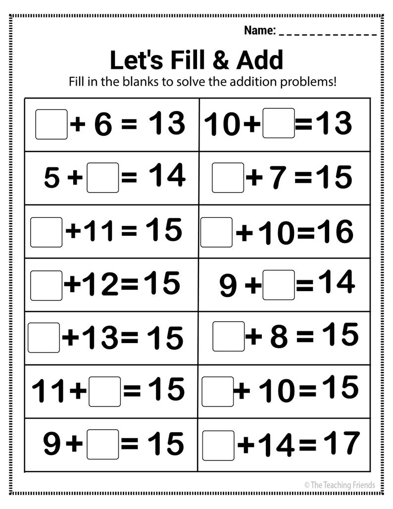 15 Printable Addition Fill in the Blanks Worksheets | Numbers 1-20 ...