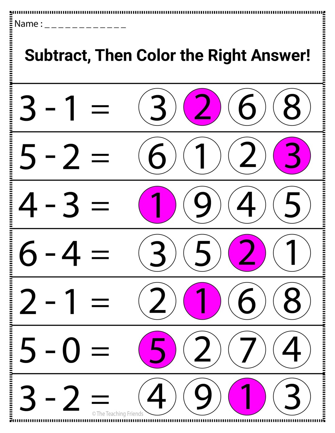 Subtraction Worksheets for Kids | Color the Correct Answer Math ...