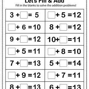 Addition Fill-in-the-blank Worksheets: Numbers 1-20 (printable) - Etsy