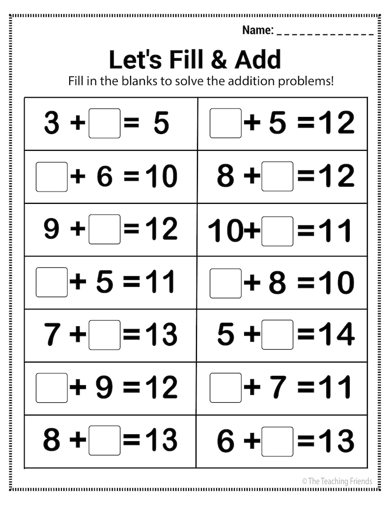 15 Printable Addition Fill in the Blanks Worksheets | Numbers 1-20 ...