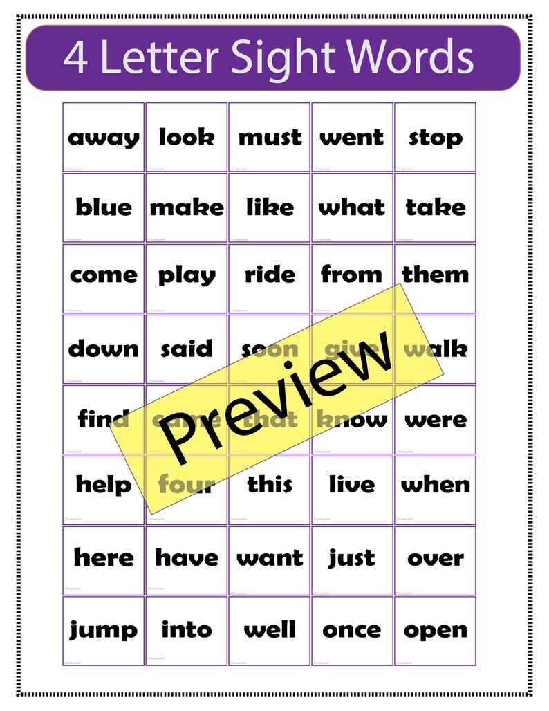 Sight Word Practice Flash Cards | 4-letter Sight Words for Kindergarten ...