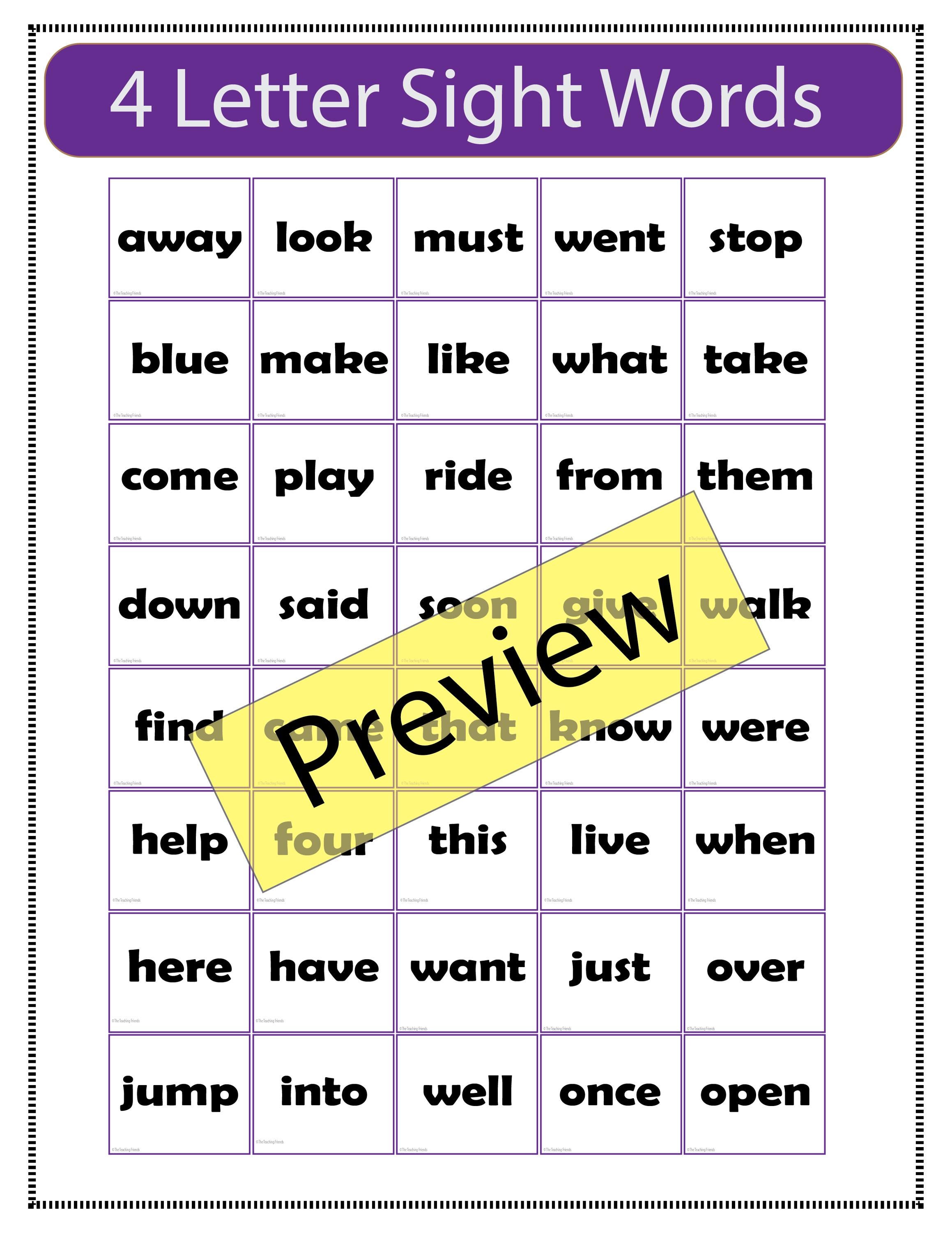 Sight Word Practice Flash Cards | 4-letter Sight Words for Kindergarten ...