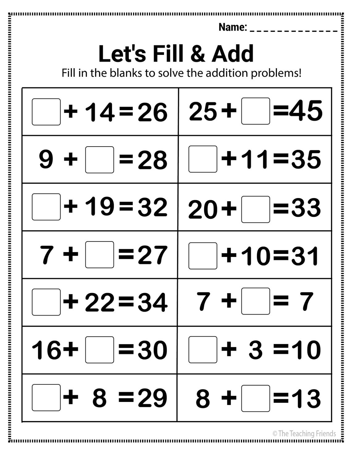 15 Printable Addition Fill in the Blanks Worksheets | Numbers 20-40 ...